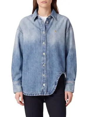Attico Relaxed Fit Bleached Denim Shirt With Dropped Shoulders And Embroidered Logo Blue