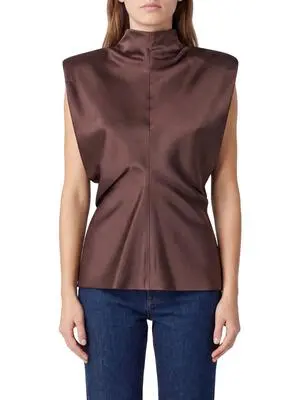 Federica Tosi Sleeveless High Neck Ruched Satin Evening Top - Brown