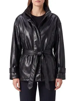 Federica Tosi Short Leather Jacket With Funnel Neck And Tie-waist Belt - Black