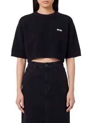 Elisabetta Franchi Cropped Wool & Cashmere Jumper With Contrast Logo - Black