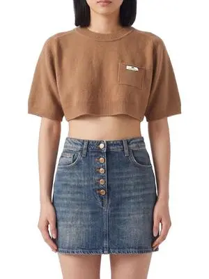 Elisabetta Franchi Cropped Wool & Cashmere Jumper With Contrast Logo - Brown