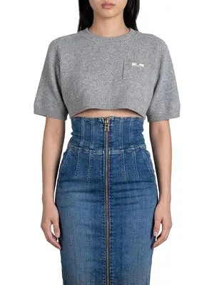Elisabetta Franchi Cropped Wool & Cashmere Jumper With Contrast Logo - Grey