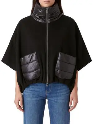 Herno Short Wool And Cashmere Blend Cape With Funnel Neck And Zip Closure - Black