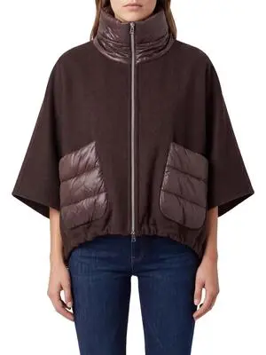 Herno Short Wool And Cashmere Blend Cape With Funnel Neck And Zip Closure - Brown