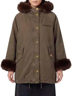 Pinko Cropped Cotton Parka With Hood And Fur Details - Brown