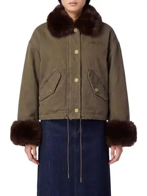 Pinko Short Cotton Parka With Faux Fur Collar And Cuffs - Green
