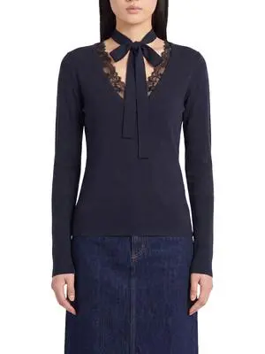 Pinko Pinko Slim Fit Wool Jumper With V-Neck And Scarf Tie Blue