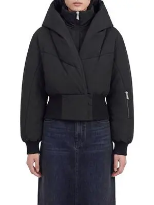 Attico Cropped Hooded Puffer Bomber In Water-repellent Fabric Black