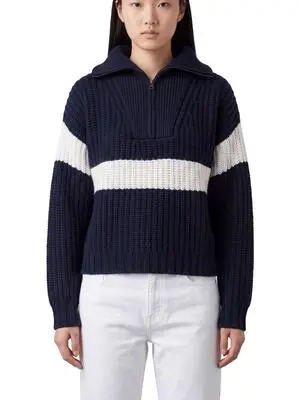 LISA YANG Lisa Yang Bicolour Abstract Pattern Cashmere Zip Neck Jumper Blue