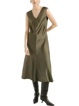 Brunello Cucinelli Satin-cady Flared Dress With Monili Green