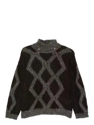 PANICALE Sequin-embellished Argyle Knit Mock Neck Sweater - Brown