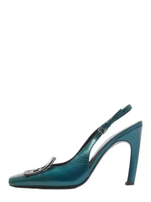 TORY BURCH Tory Burch Teal Green Leather Metallic Square Toe Embellished Slingback Pumps