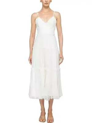 NISSA Floral-embroidery Silk Midi Dress - White