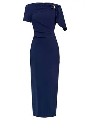NISSA Fitted Midi Dress With Draped Shoulder Detail - Blue
