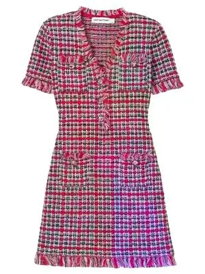 SELF-PORTRAIT Check-pattern Frayed-trim Mini Dress - Red