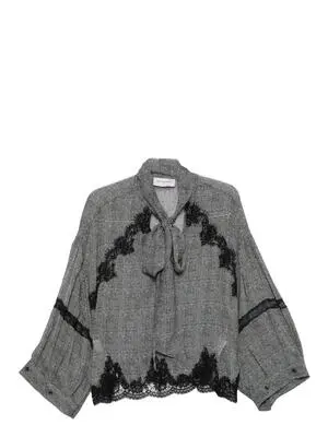 ERMANNO FIRENZE Check Print Lace Trim Blouse - Black