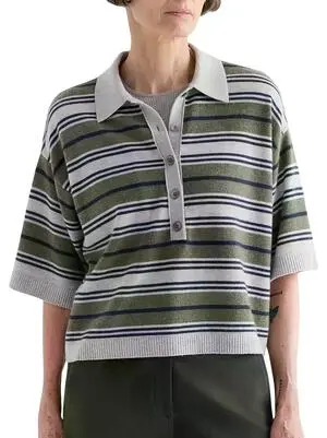 TWP Striped Short-sleeve Polo Sweater Grey