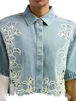 Simkhai Albaine Embroidered Denim Cropped Shirt Blue