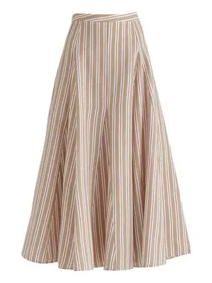 PAISIE Striped Flared Maxi Skirt With Godet Paneling - Beige
