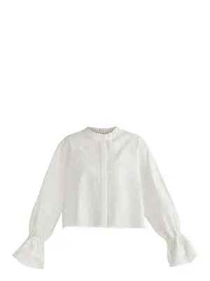 PAISIE Ruffle Round Neck Blouse With Cinch Wrist Detail - White