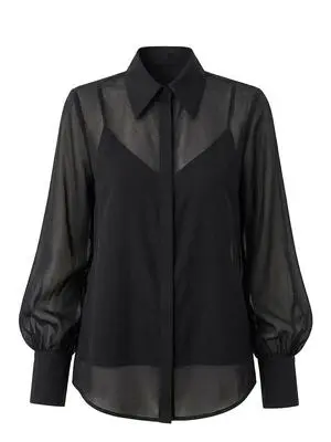 EXQUISE Madelyn Balloon Sleeve Sheer Shirt - Black