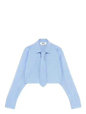 MSGM Striped Cropped Shirt With Tie Detail - Blue