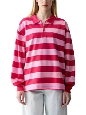 Adidas Striped Quarter-zip Polo Shirt - Pink