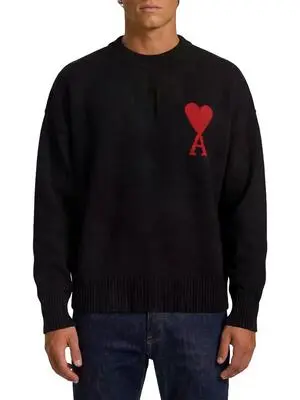 AMI Paris Crewneck Wool Sweater With De Coeur Motif - Black