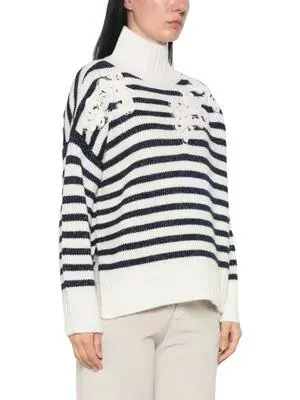 ERMANNO FIRENZE ERMANNO FIRENZE Striped Floral Appliqué Mock Neck Sweater