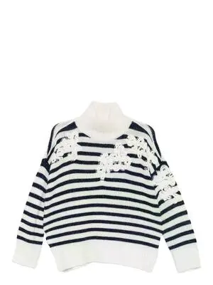 ERMANNO FIRENZE Striped Floral Appliqué Mock Neck Sweater - Neutrals