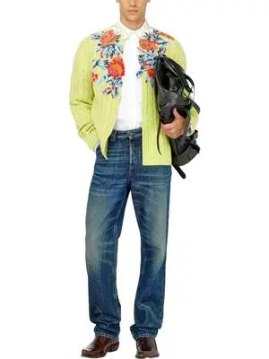 DIESEL® Floral Cable Knit Open-front Cardigan - Green