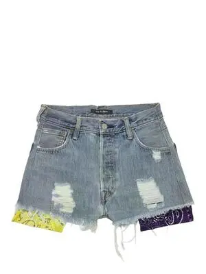 HTC LOS ANGELES Distressed Bandana Insert Denim Shorts - Blue