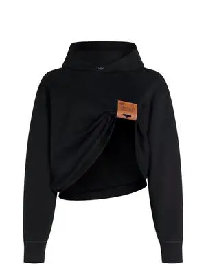 JEAN PAUL GAULTIER Cotton Fleece Hoodie With Leather Tag Detail - Black