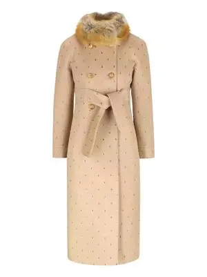 Valentino Garavani Sequin Embellished Faux Fur Collar Coat - Neutrals