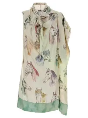 Moschino Horse-print Pussy-bow Dress - Neutrals