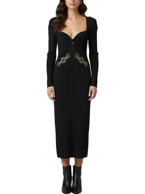 SELF-PORTRAIT Lace-appliqué Rib-knit Midi Dress - Black