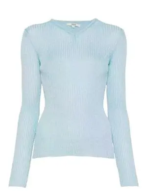 Maje Maje Ribbed Knit V-Neck Sweatshirt Blue