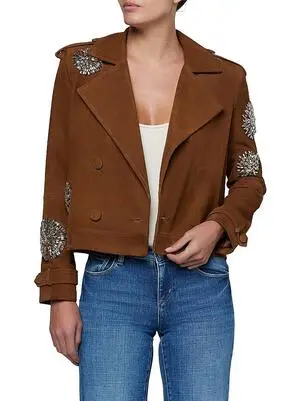 L'Agence Xoey Suede Crystal Trim Cropped Trench Coat - Walnut