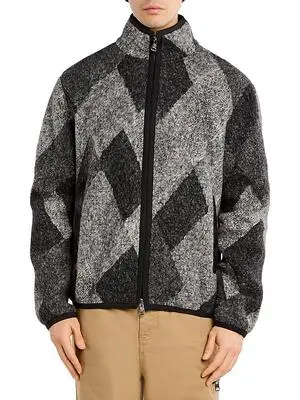 Moncler Diamond Pattern Wool Blend Zip Up Cardigan Checkered Grey