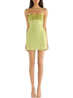 ASTA RESORT Yasmin Hand Beaded Satin Mini Dress - Chartreuse