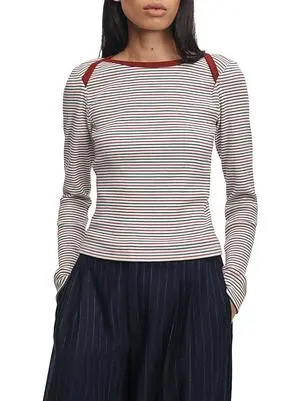 Rag & Bone The Essential Cotton Blend Rib Bateau Top Ivory Multi