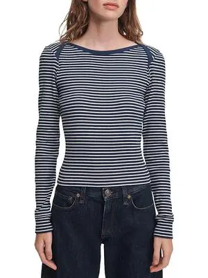 Rag & Bone The Essential Cotton Blend Rib Bateau Top Navy