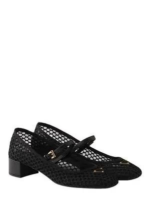 Prada Mesh Fabric Ballerinas With Logo Engraved Buckle - Black