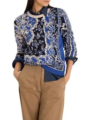 NIC+ZOE Bandana Jacquard Print Sweater - Blue Multi