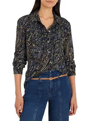 NIC+ZOE Portobello Paisley Spread Collar Chiffon Shirt - Blue Multi