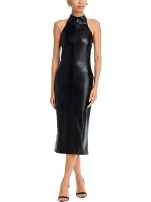 Aqua Faux Leather Halterneck Midi Dress - Black