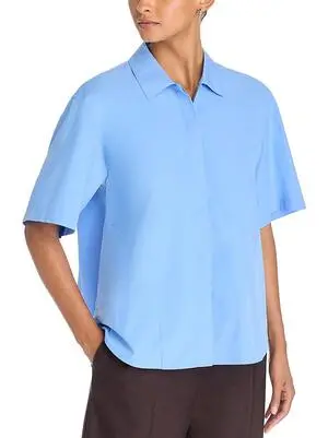 Lafayette 148 New York Cotton Short Sleeve Pleated Back Shirt - Blue Hydrangea
