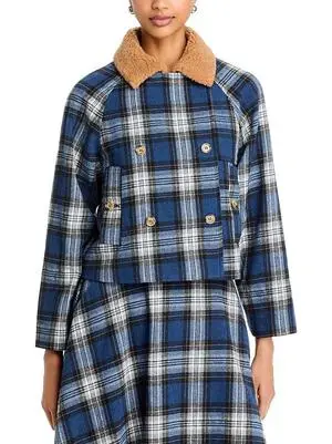 AREA STARS Double Breasted Plaid Jacket With Sherpa Collar - Blue Plaid
