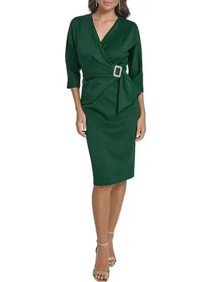 Eliza J Side Drape Three Quarter Sleeve Cocktail Dress - Hunter