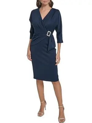 Eliza J Side Drape Three Quarter Sleeve Cocktail Dress - Navy